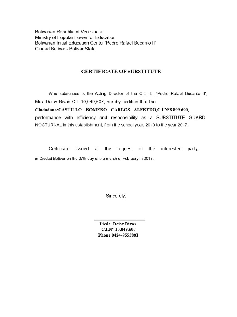 Substitution Certificate Alfredo.docx | PDF