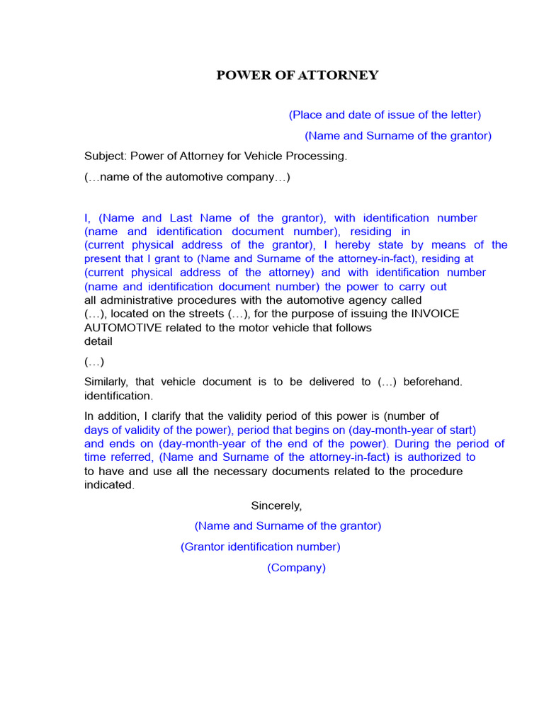 POWER OF ATTORNEY FOR VEHICLE PROCESSES | PDF