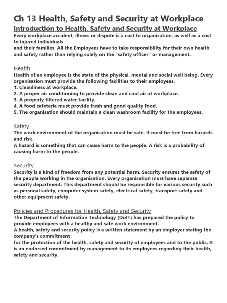 Mindmap_Unit 4_Unit 4 - Health, Safety and Security at Workplace Ch 13 ...