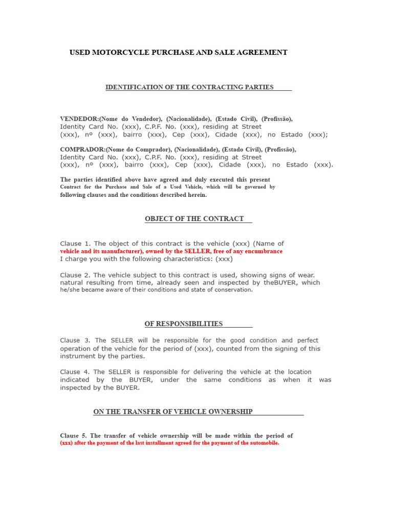 USED MOTORCYCLE PURCHASE AND SALE AGREEMENT | PDF | Procurement ...