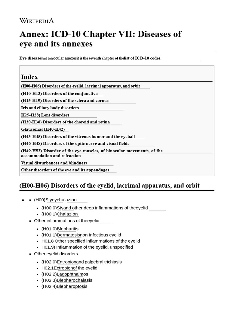 ICD-10 Eye Disease Codes Overview | PDF | Glaucoma | Cornea