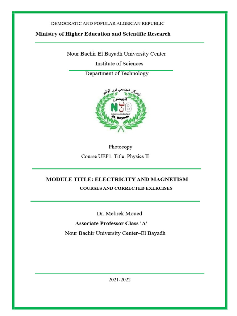 COURSES-AND-EXERCISES-CORRECTED-Physics-II | PDF | Electric Field ...