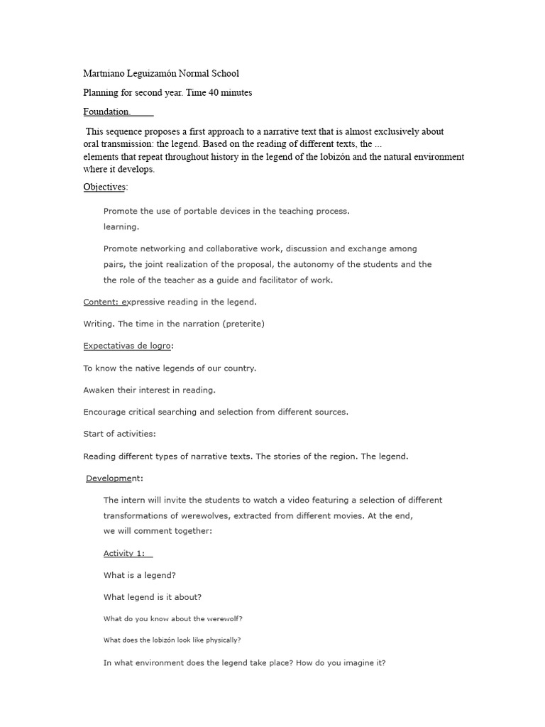 Didactic Planning 2. The Legend. | PDF | Legends | Werewolves
