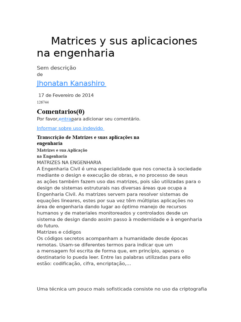 Matrizes e Suas Aplicações na Engenharia | PDF | Matriz (Matemática ...