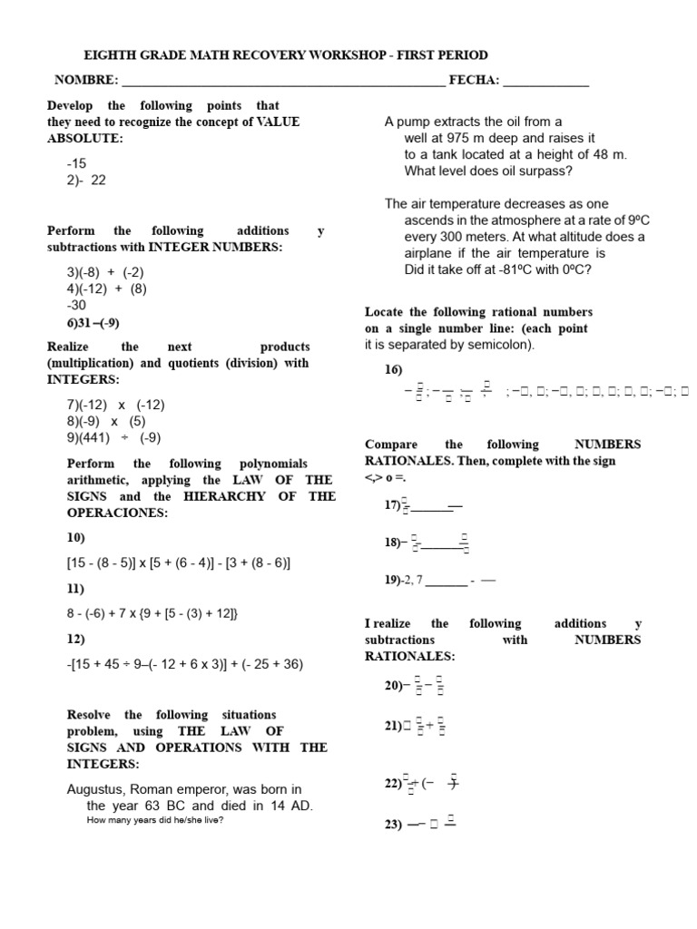 EIGHTH - MATH RECOVERY WORKSHOP - FIRST PERIOD.docx | PDF | Numbers ...