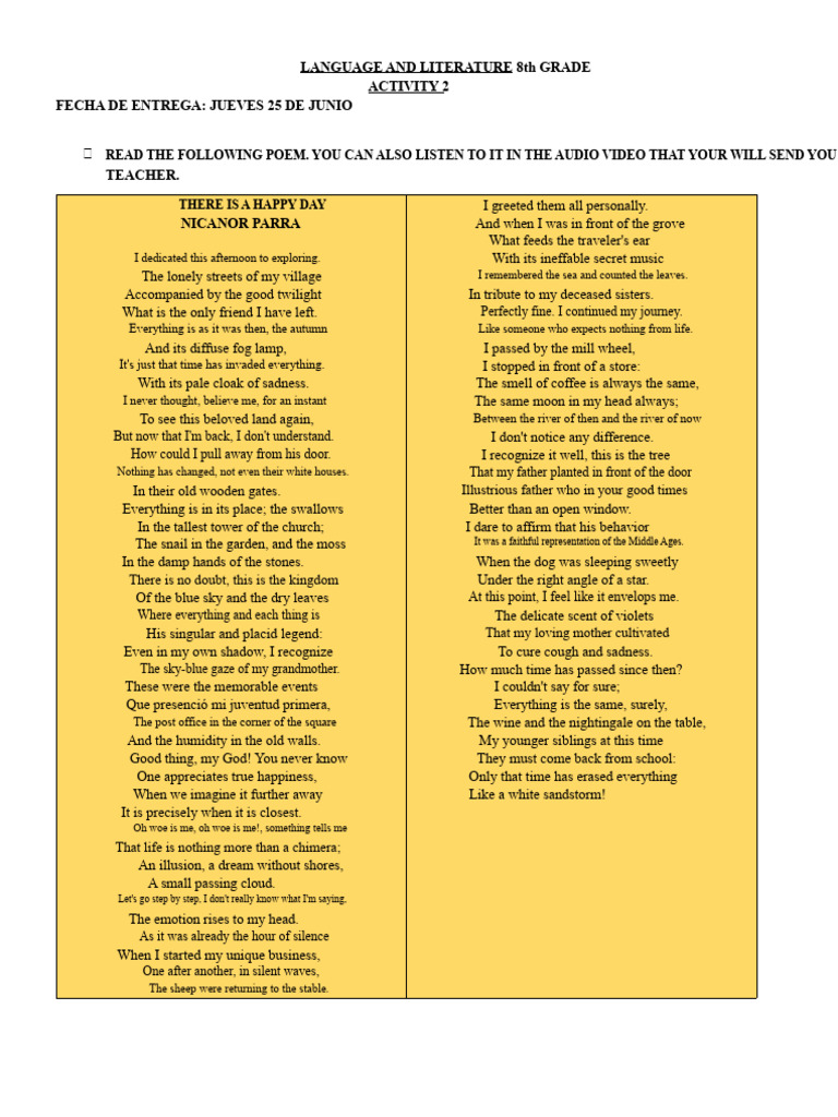 ACTIVITY POEM THERE IS A HAPPY DAY - Week of June 22 To 26 | PDF