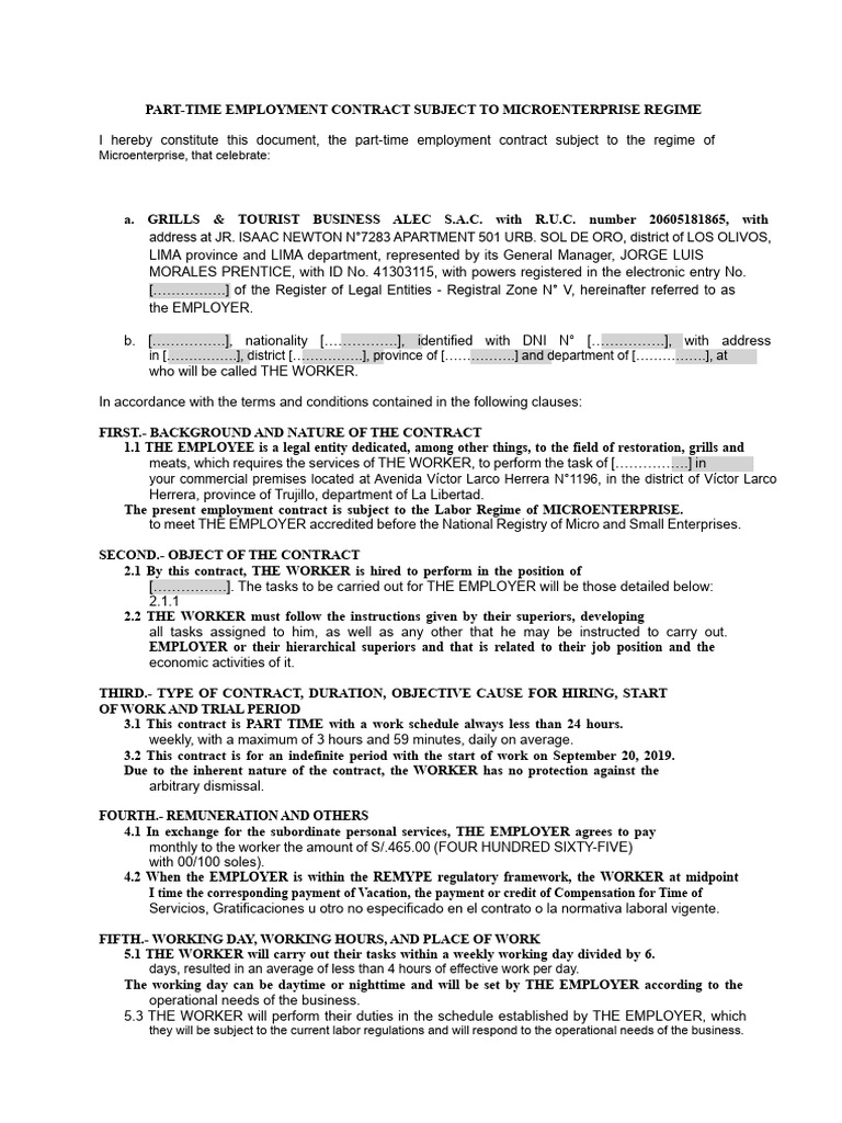 Part-Time Employment Contract - Microenterprise Format | PDF ...