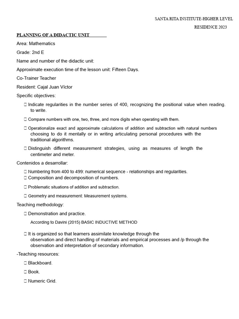 2nd Grade Math Didactic Unit Plan | PDF | Educational Assessment | Numbers