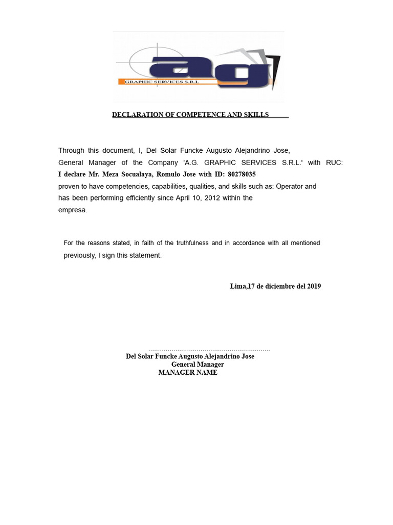 Competence Declaration for Romulo Meza | PDF