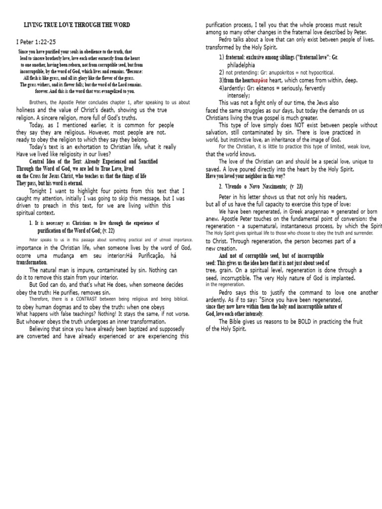 I Peter 1:22-25 - LIVING TRUE LOVE THROUGH THE WORD | PDF | Love | Bible