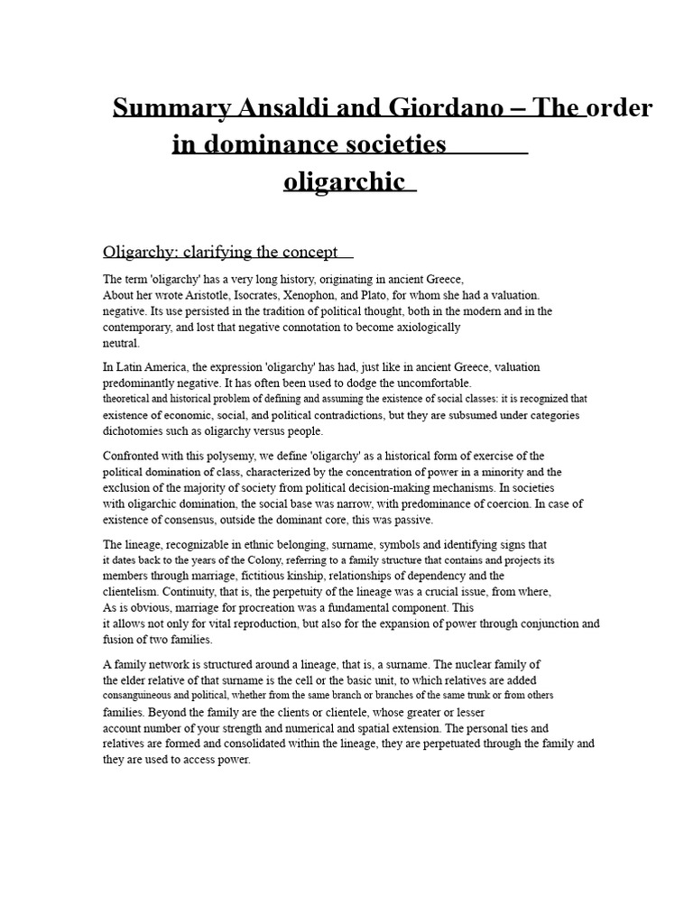 Summary of Ansaldi and Giordano - The Order in Oligarchic Domination ...