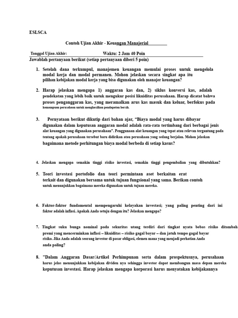 Contoh Ujian Akhir Keuangan Manajerial | PDF