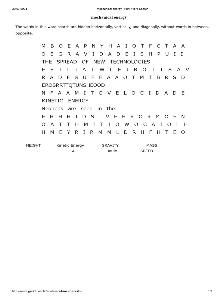 Mechanical Energy Word Search Puzzle | PDF | Kinetic Energy | Mechanics