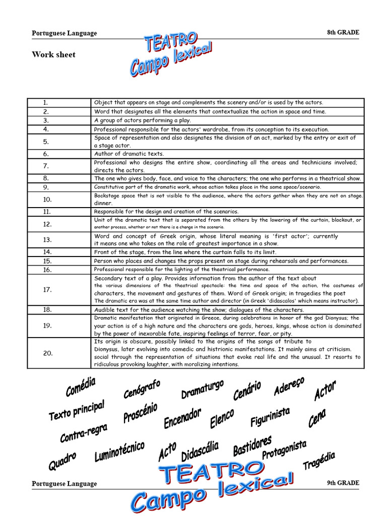 8th Grade Portuguese Theater Vocabulary | PDF | Actor | Play (Theatre)