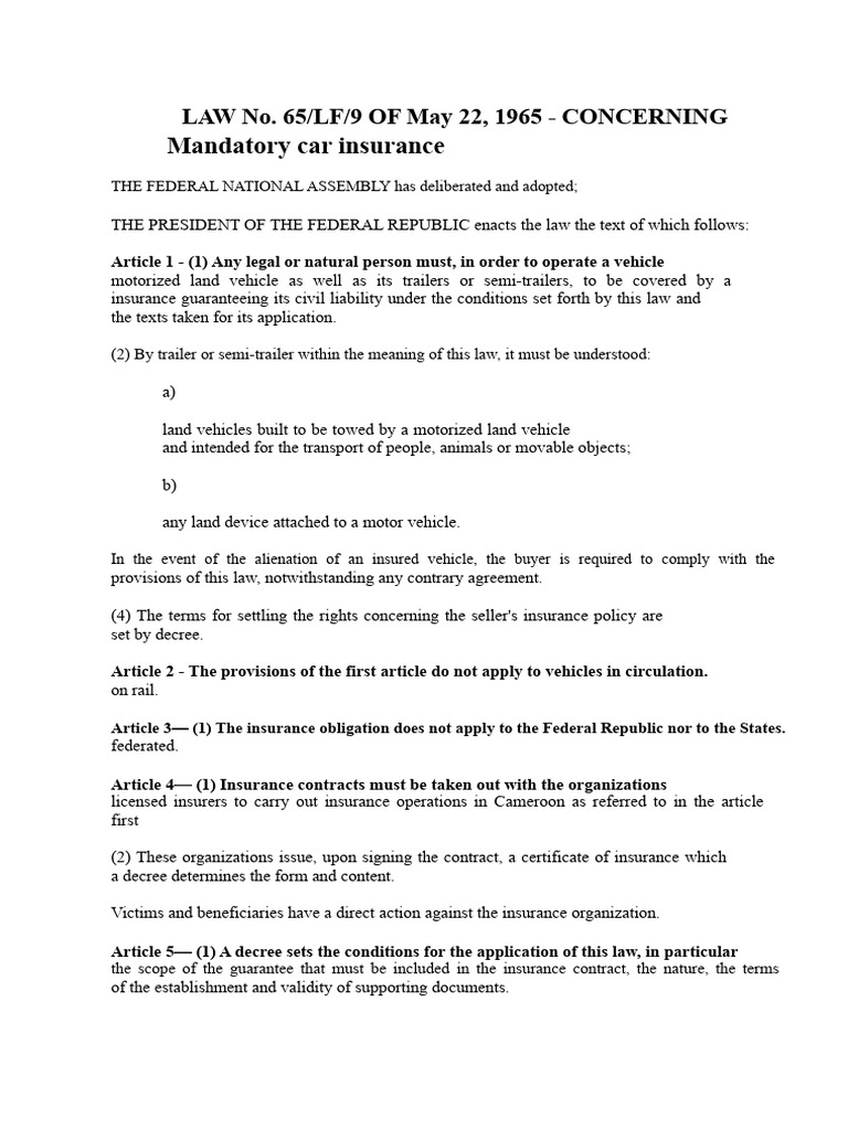LAW NO. 65-LF-9 OF MAY 22, 1965 - ON MANDATORY AUTOMOBILE INSURANCE ...
