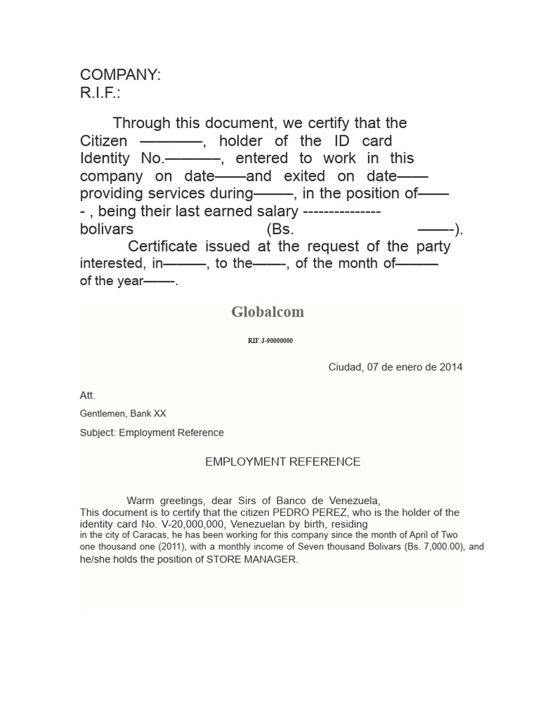 Model of Work Certificates | PDF | Identity Document | Venezuela