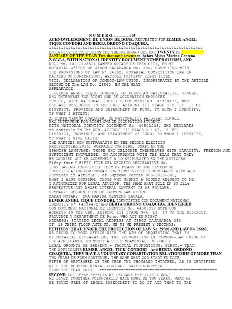 1-Union Act of de Facto Notarial Model P | PDF | Marriage | Common Law