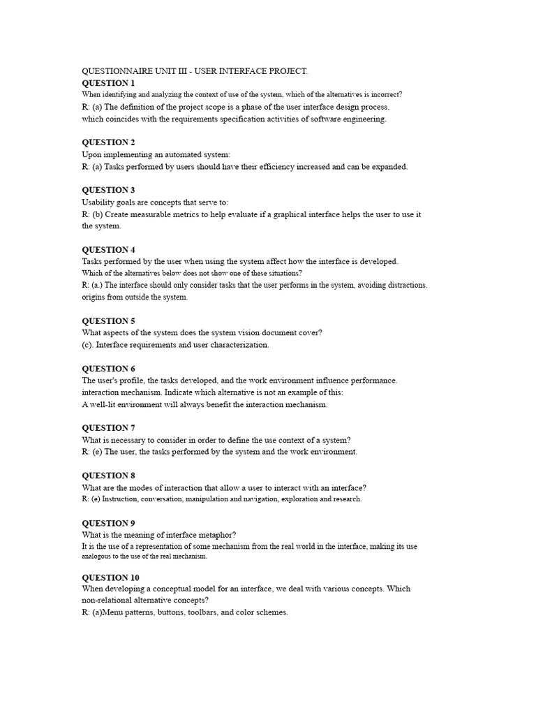 QUESTIONNAIRE UNIT III USER INTERFACE PROJECT | PDF