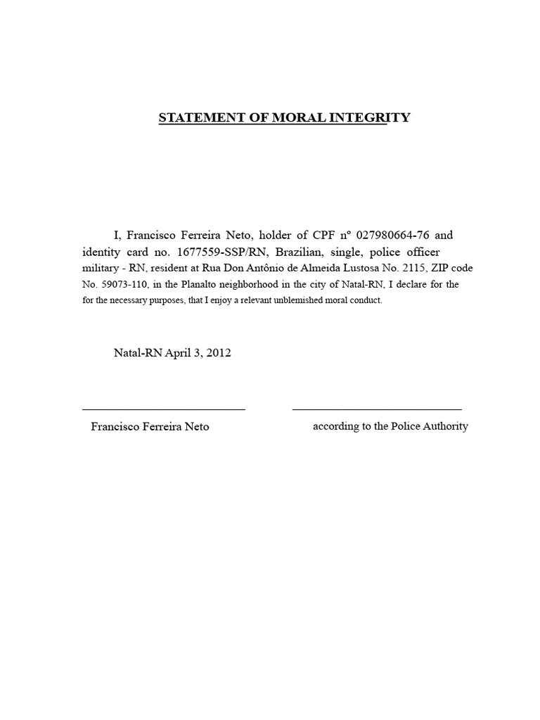 Statement of Moral Integrity by Officer Neto | PDF