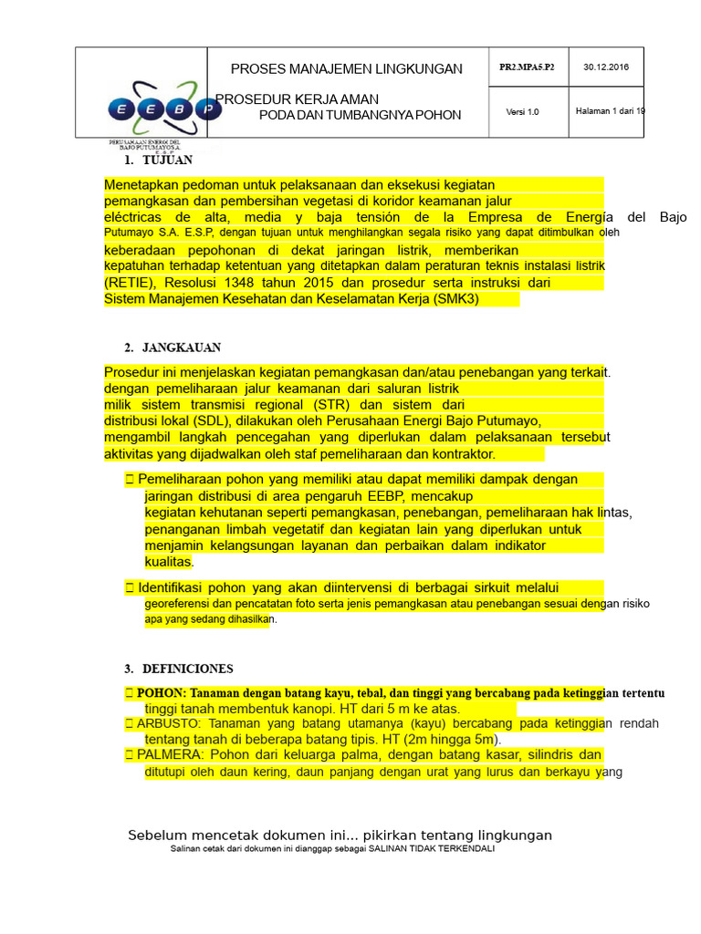 PR2.MPA5.P2 Prosedur Kerja Aman Pemangkasan Atau Penebangan V2 | PDF