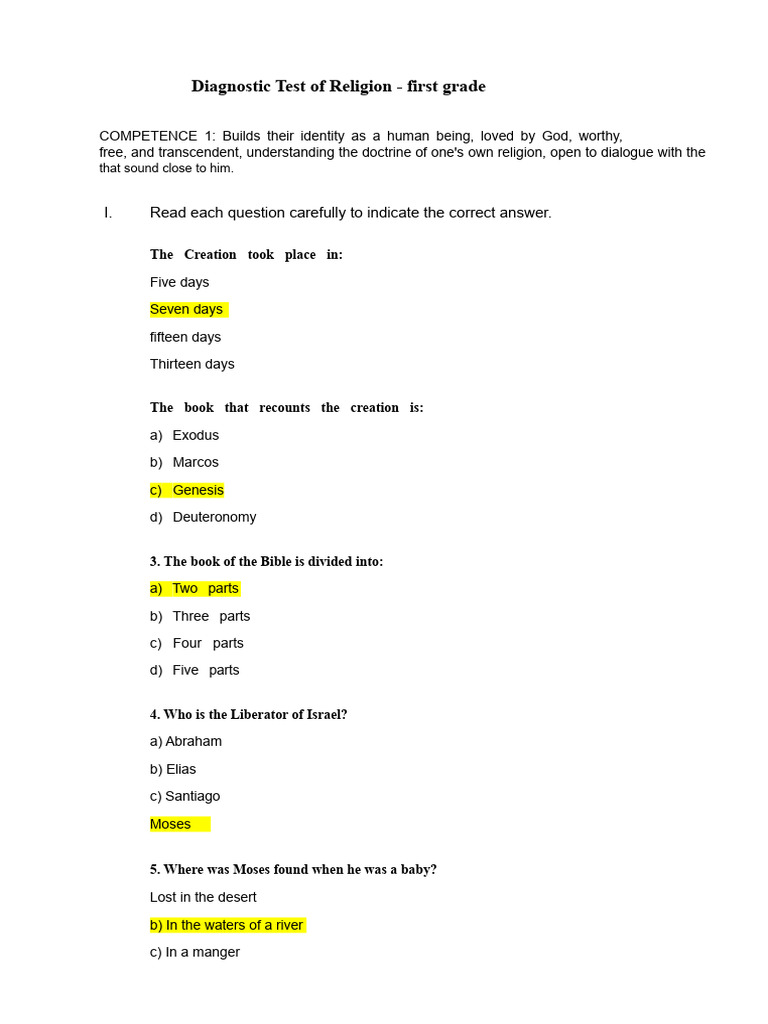 First Grade Religion Diagnostic Test | PDF | Moses | Book Of Exodus