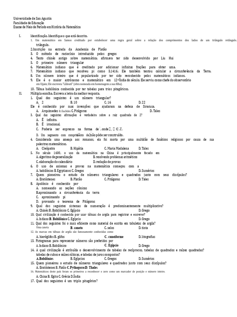 Prova Intermediária em História | PDF | Matemática | Pi