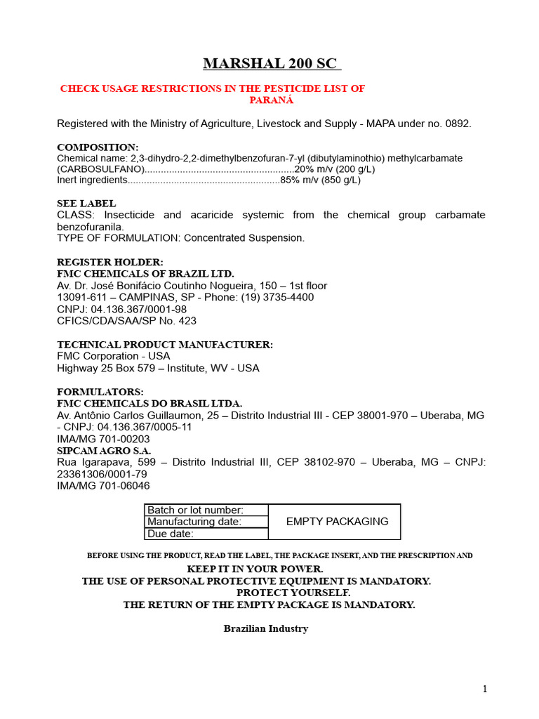 MARSHAL 200 SC Insecticide Usage Guide | PDF