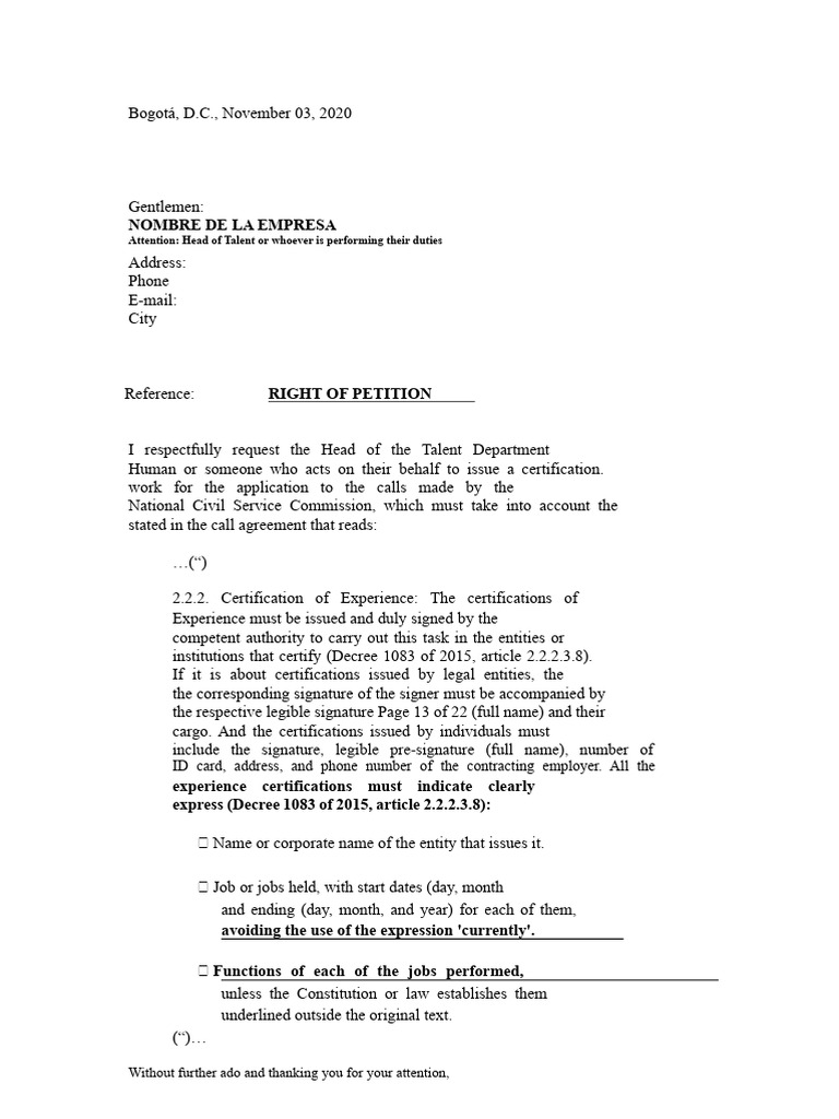 Right of Petition To Request Work Certification With Functions | PDF