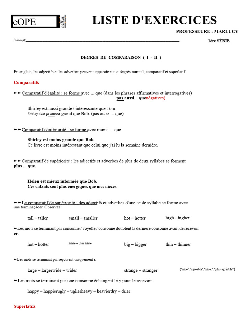Exercices sur les Degrés de Comparaison | PDF | Linguistique