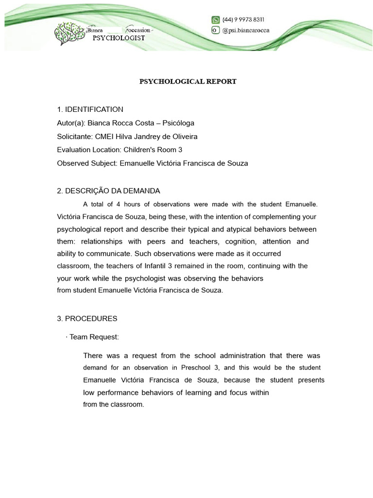 Psychological Report Emanuelle | PDF | Psychology | Learning