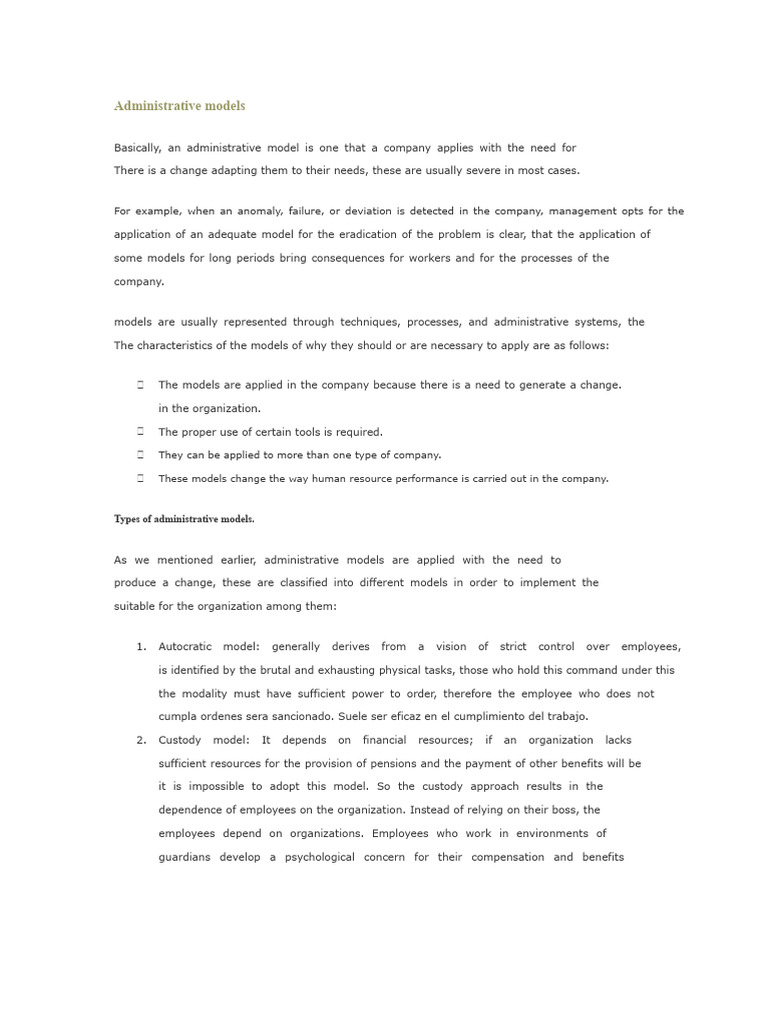 Types of Administrative Models Explained | PDF | Leadership | Employment