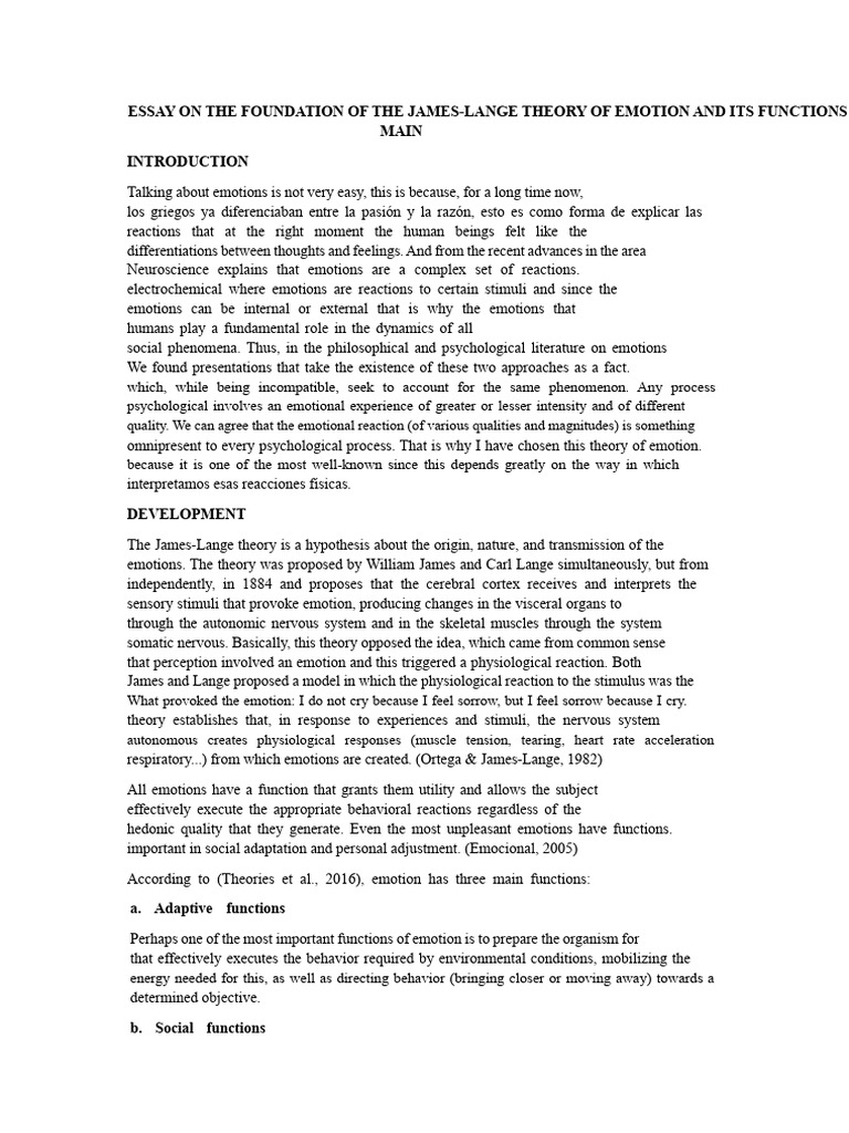 ESSAY ON THE FOUNDATION OF JAMES' EMOTION THEORY | PDF | Emotions ...