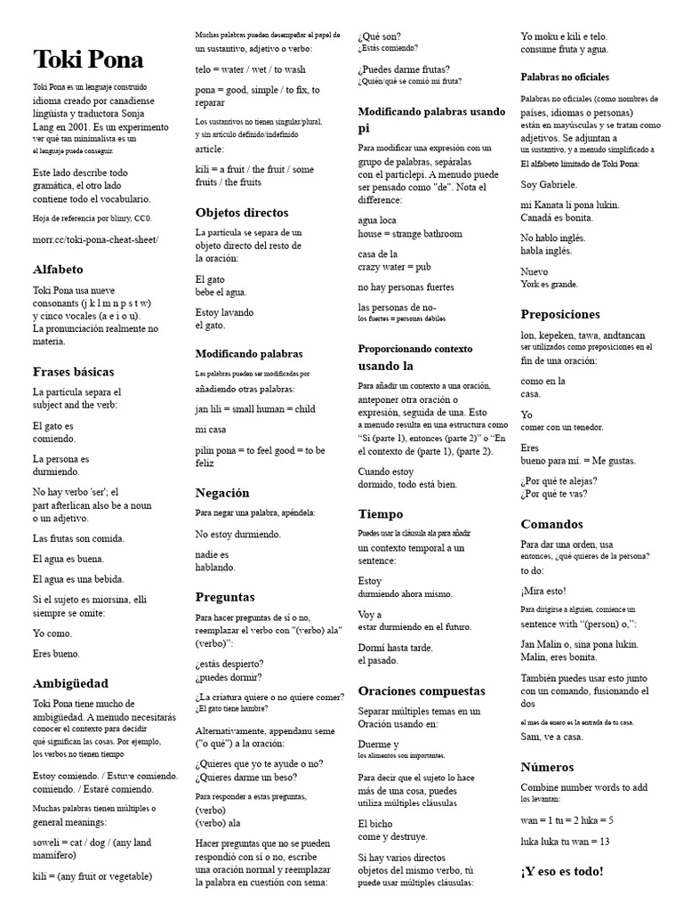 Toki Pona Hoja de Trucos PDF | PDF | Lingüística | Gramática