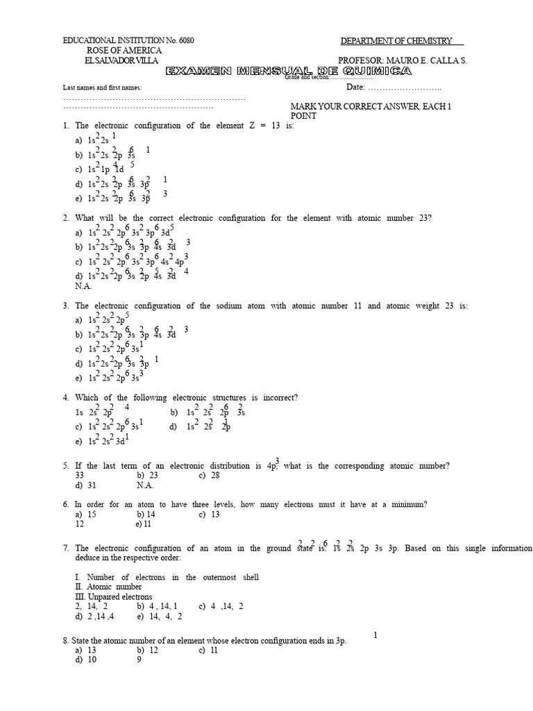 Chemistry Electronic Configuration Quiz | PDF | Electron Configuration ...