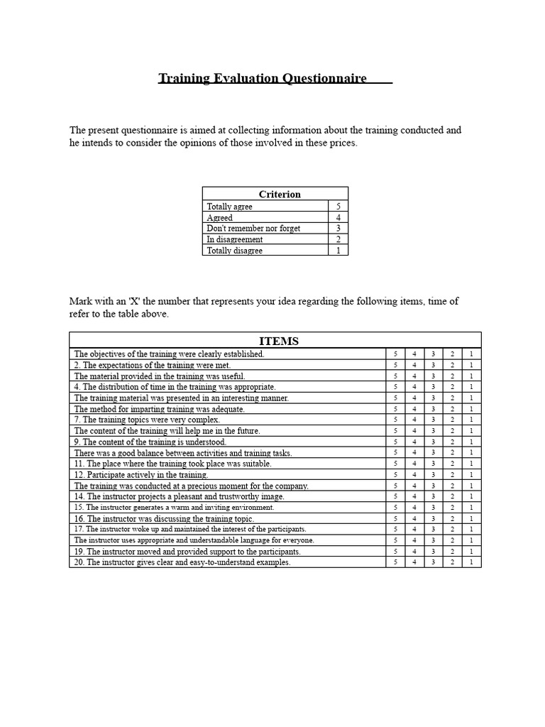 Training Evaluation Questionnaire | PDF | Evaluation | Cognition