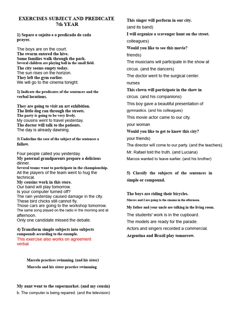 Subject, Predicate, and Preposition Exercises 7th Grade | PDF | Subject ...