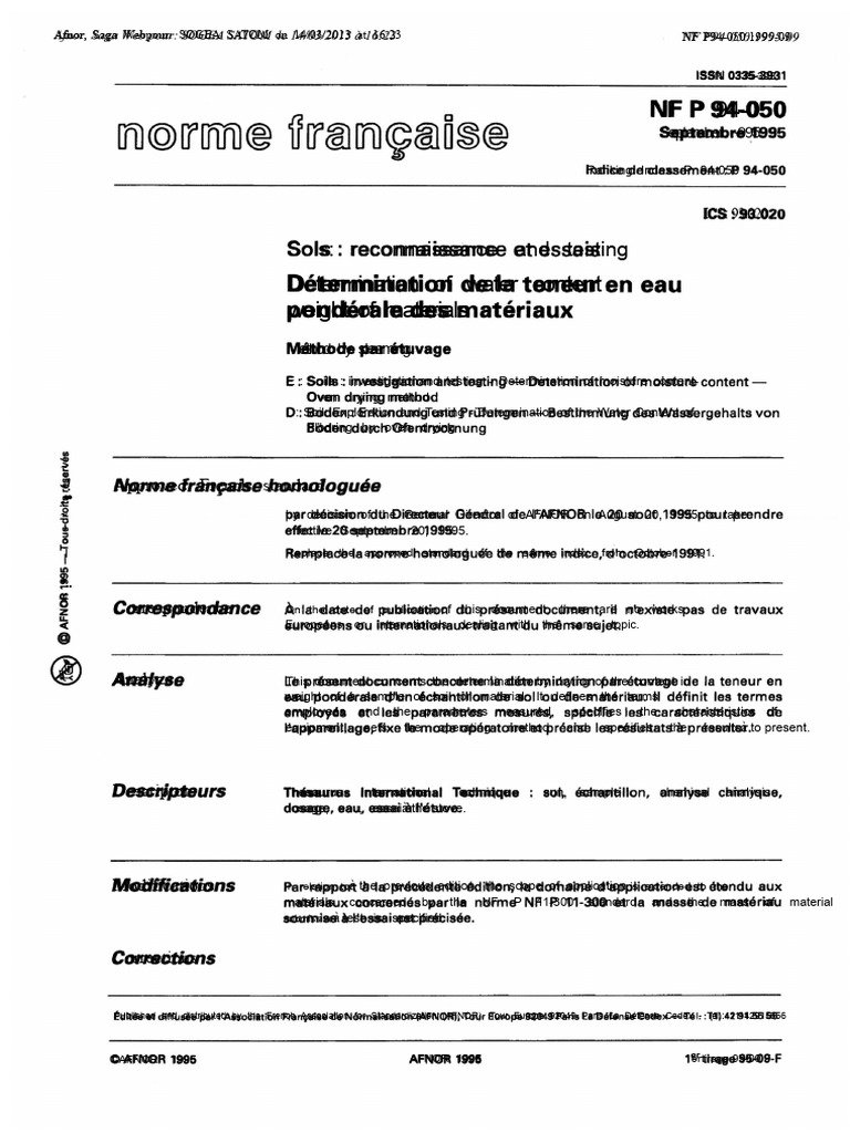 NF P 94-050 - Soils - Water Content - Oven | PDF
