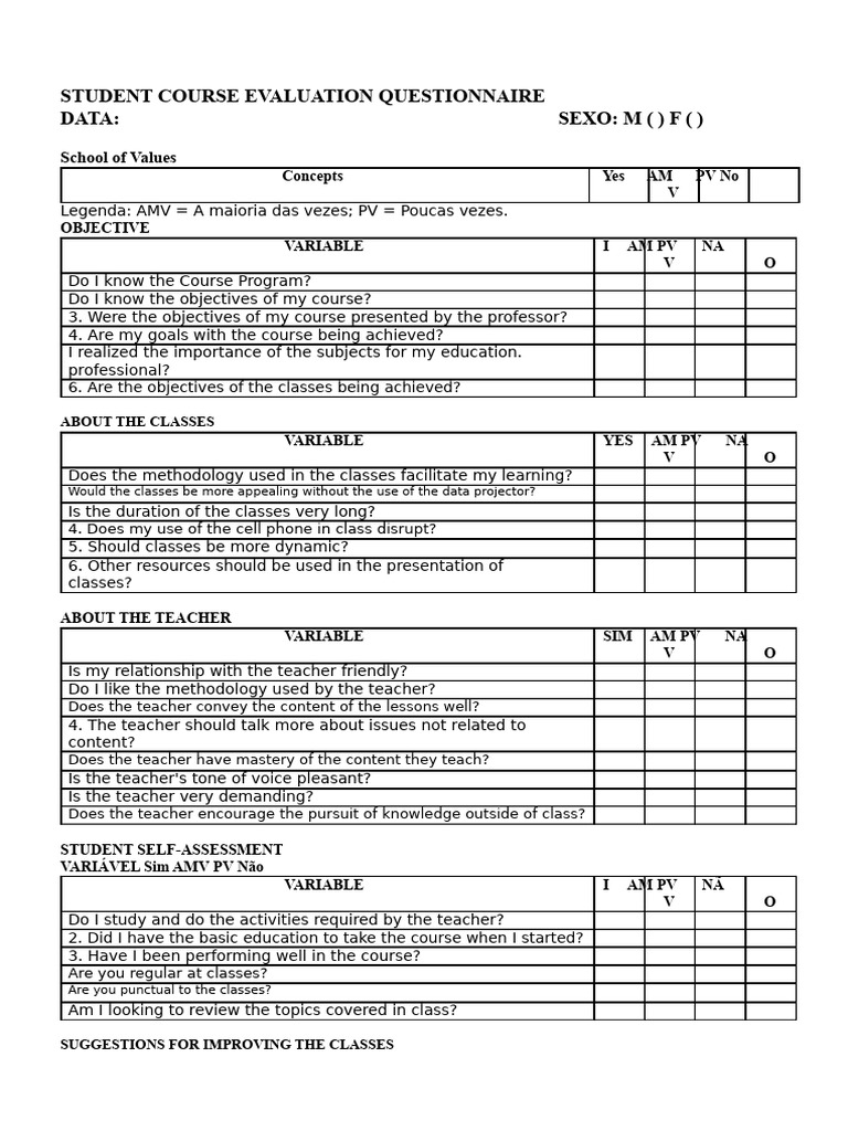 STUDENT COURSE EVALUATION QUESTIONNAIRE | PDF | Teachers | Course Evaluation