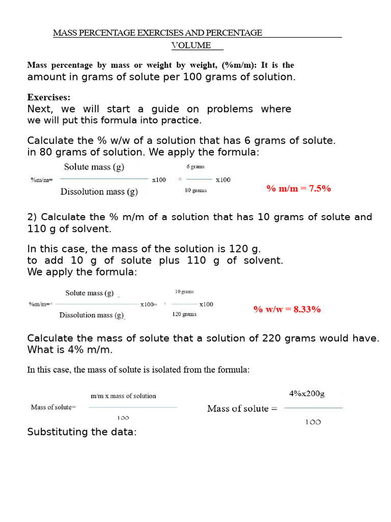 Exercises on Mass Percentage and Volume Percentage | PDF | Ethanol | Oxide