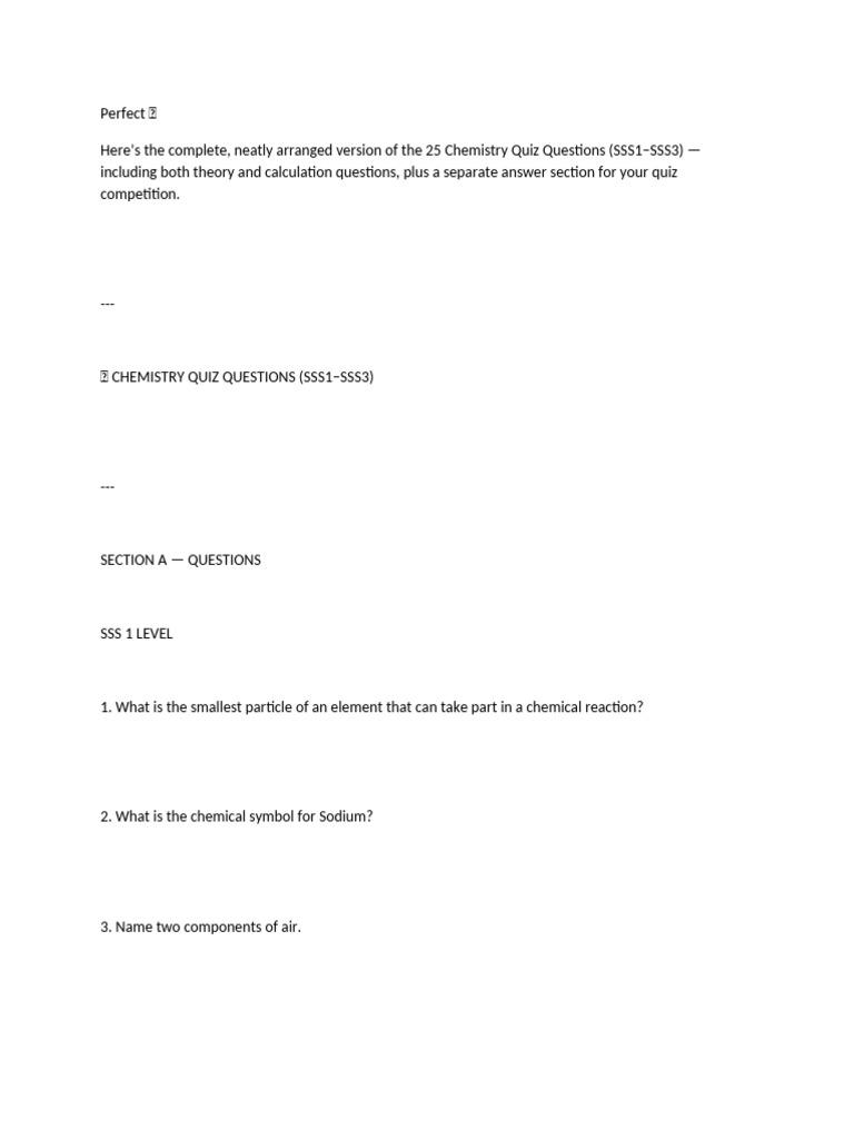 Chemistry Quiz Questions | PDF | Chemistry | Mole (Unit)