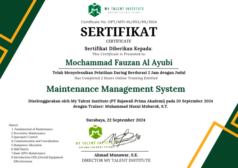 Certificate of Completion for Maintenance Training | PDF