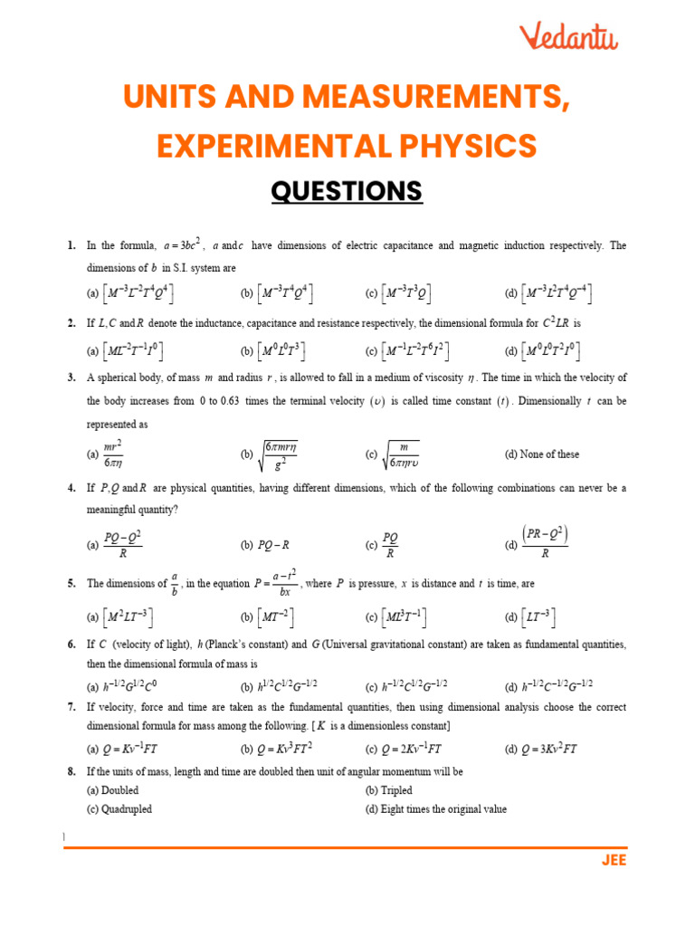 JEE Physics: Units, Measurements & Questions | PDF | Electronvolt ...