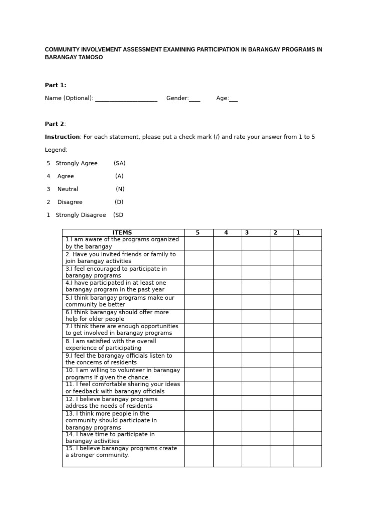 Barangay Tamoso Community Engagement Survey | PDF