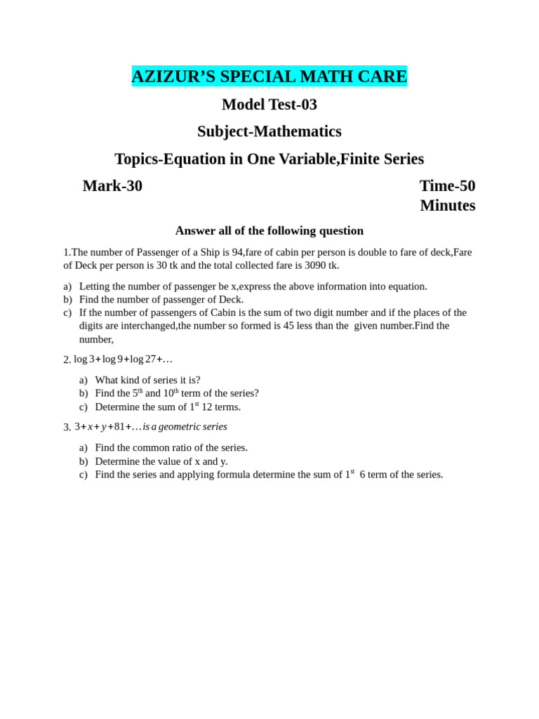 Math_eqn in One Variable,Finite Series | PDF