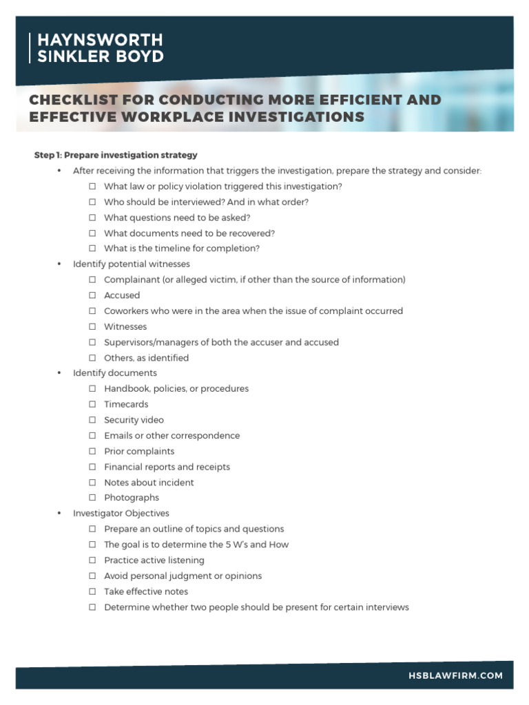 Workplace Investigation Checklist Guide | PDF | Harassment | Witness