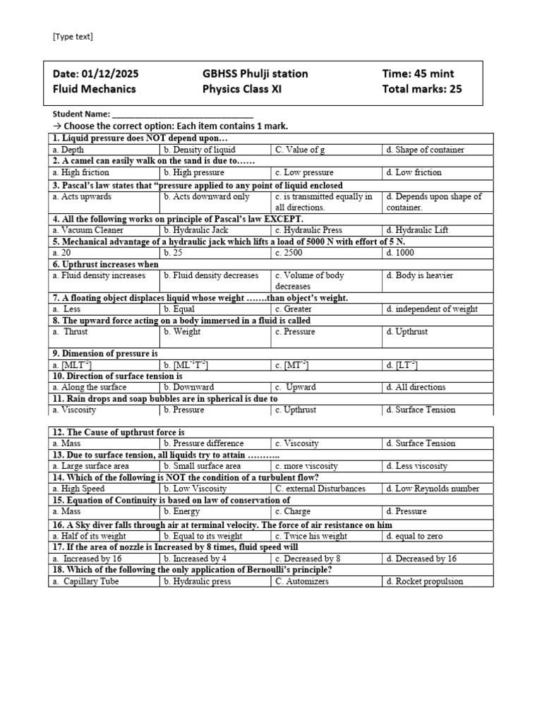 Fluid Mechanics Quiz for Class XI | PDF | Buoyancy | Fluid Dynamics