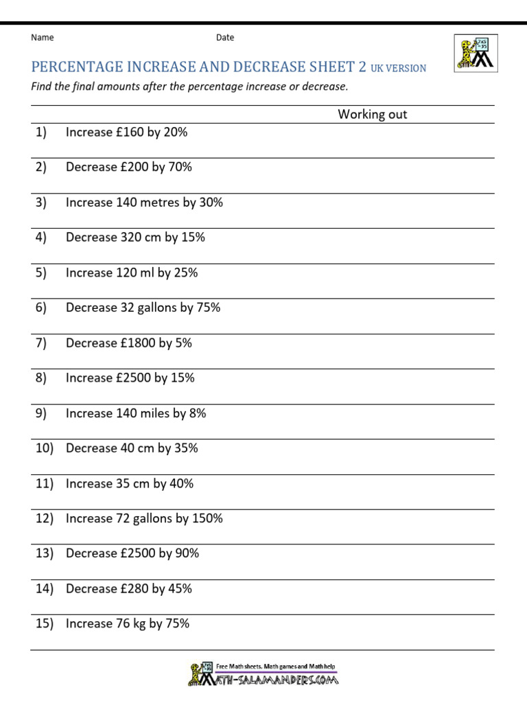 Percentage Increase & Decrease Worksheet | PDF | Naval Artillery