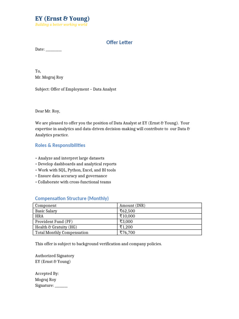 EY Data Analyst Offer Letter | PDF