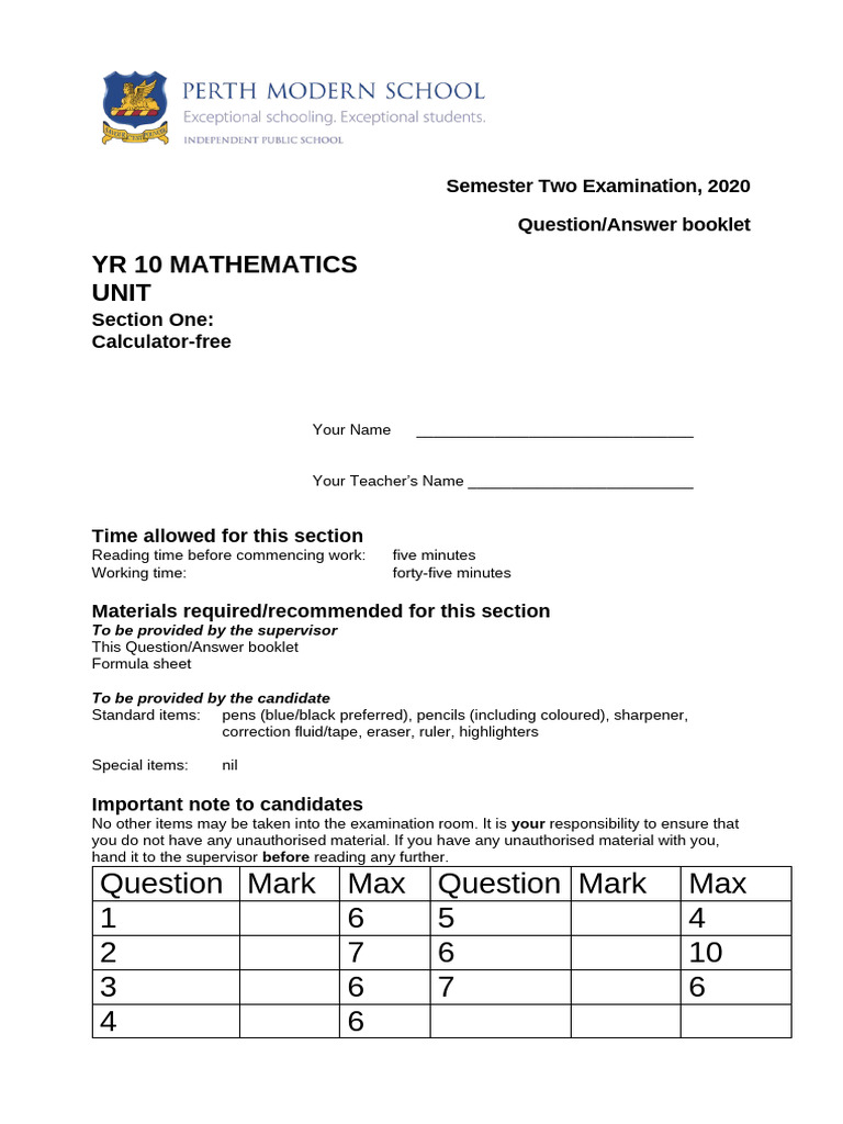 2020 Year 10 Mathematics Semester 2 Exam - Calc Free (UPDATED) | PDF ...