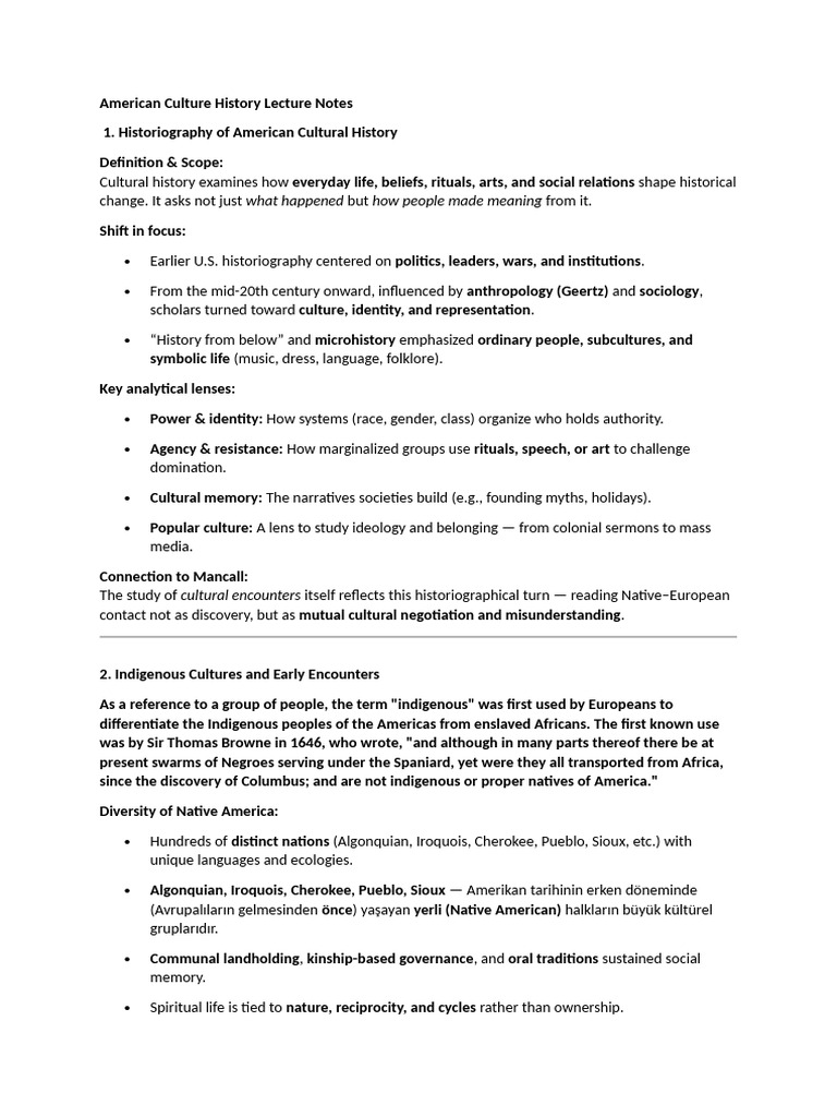 American Culture History Lecture Notes | PDF